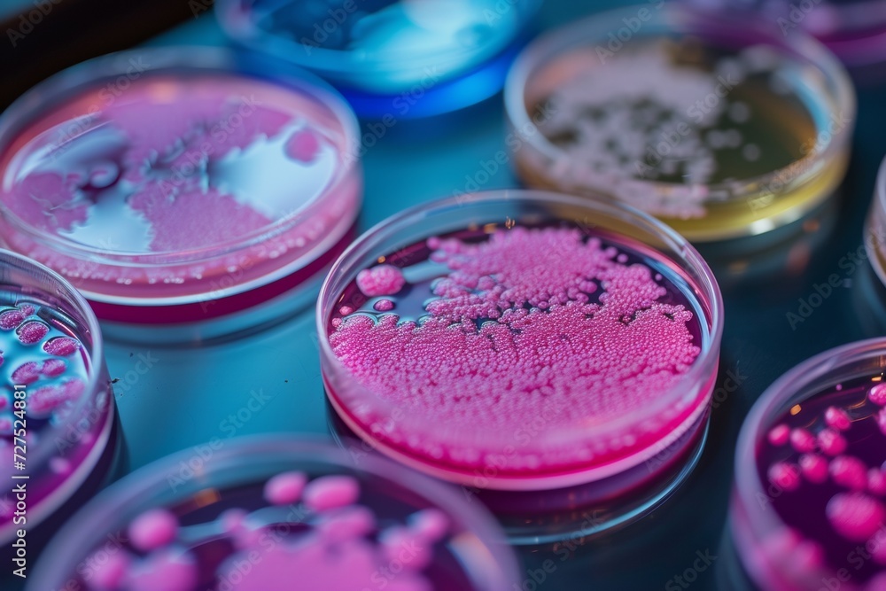 Vivid pink bacterial colonies flourish in a petri dish, highlighting ...