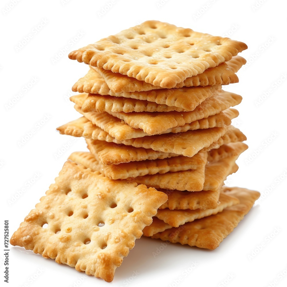 Crunchy stack of crackers isolated on white, perfect for snack designs ...