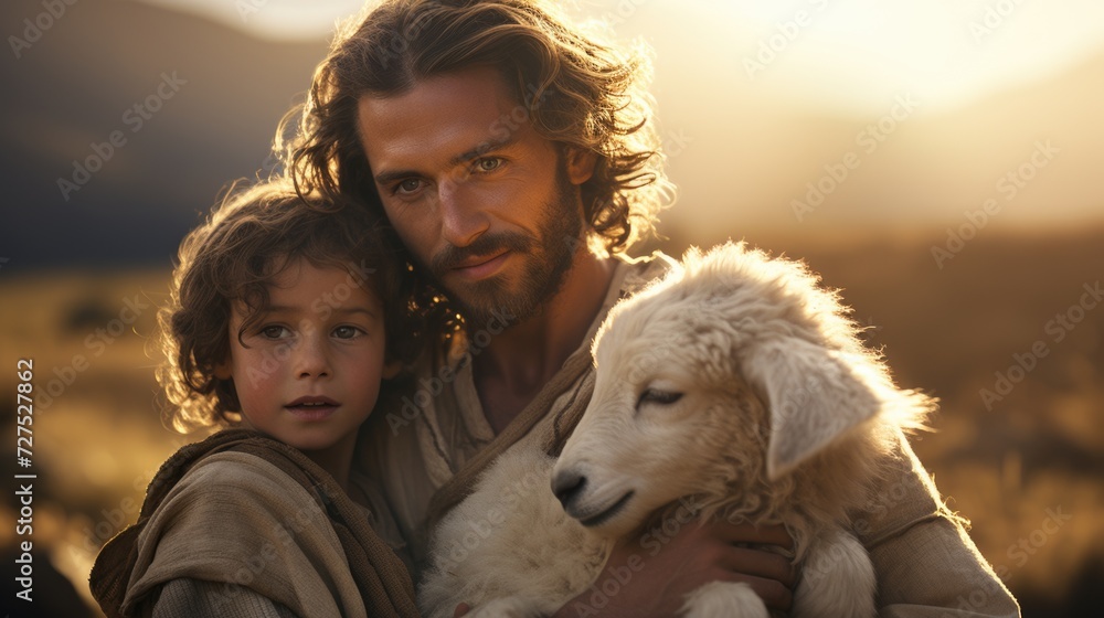 St. Joseph with boy Jesus Christ herding sheep: portrayal of a biblical ...