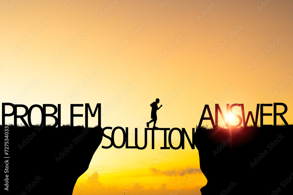 Silhouette man running from problem cliff to answer cliff pass thru ...