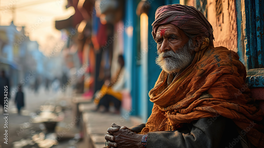 An old homeless Indian man sits alone on the street, worried and sad ...