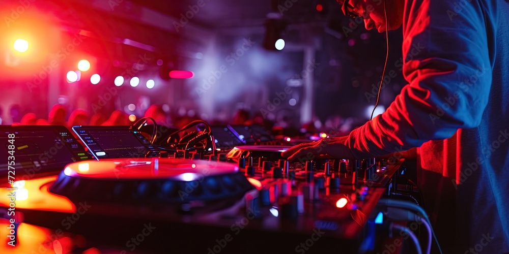 DJ playing the turntables to perform music on stage during a concert ...