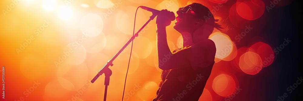 Rock star singing into microphone on stage during concert with lighting ...