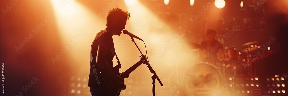 Rock star singing into microphone on stage during concert with lighting ...