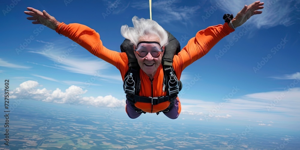 Older woman skydiving as a senior citizen Stock Photo | Adobe Stock