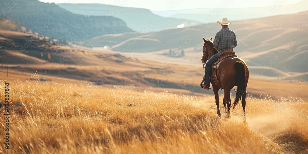Cowboy riding a horse in the backcountry landscape with plenty of ...