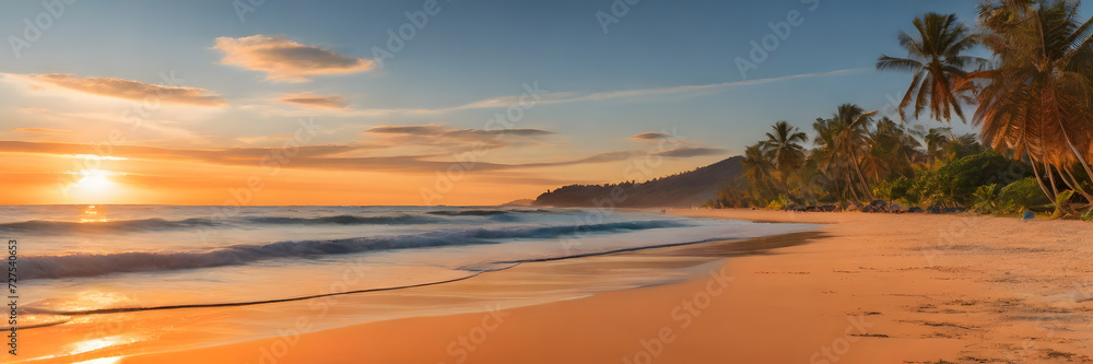 An orange sunset casting its glow on the beach, with gentle waves ...
