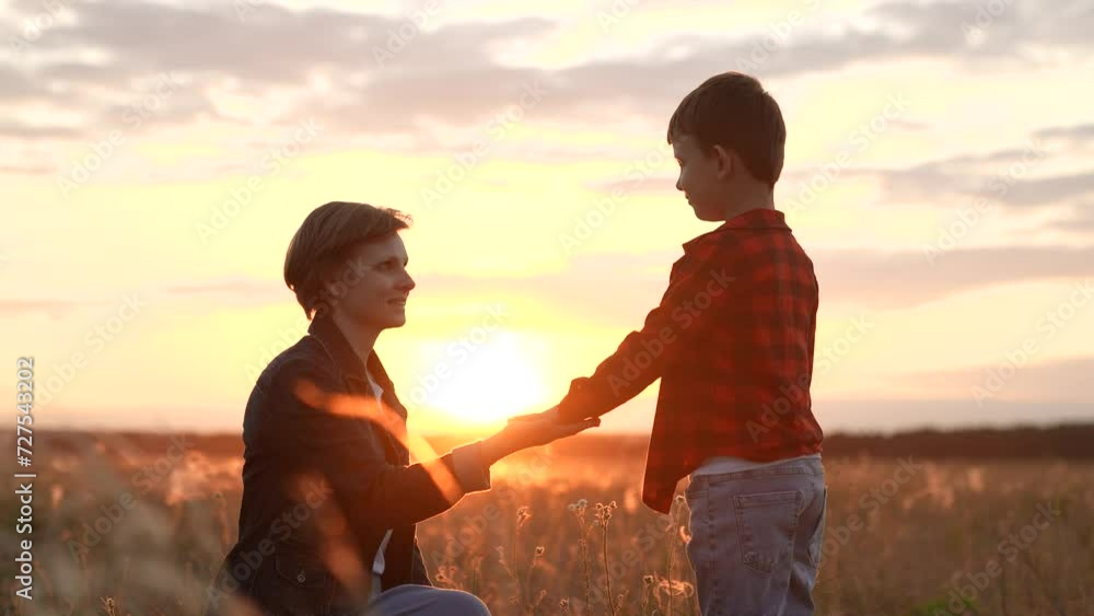 Son carefully gives hand to mother hugging in field with growing plants ...