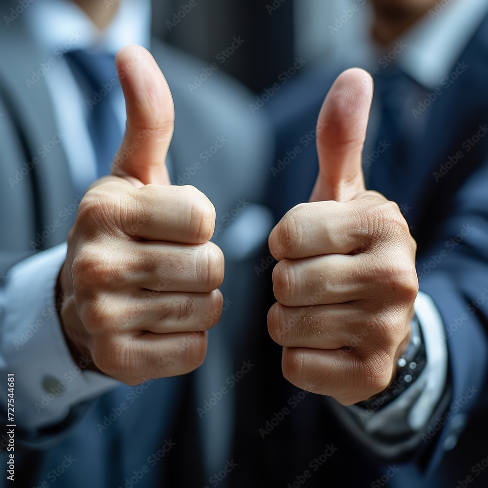 Hands showing thumbs up with business men endorsing, giving approval or saying thank you as a ...