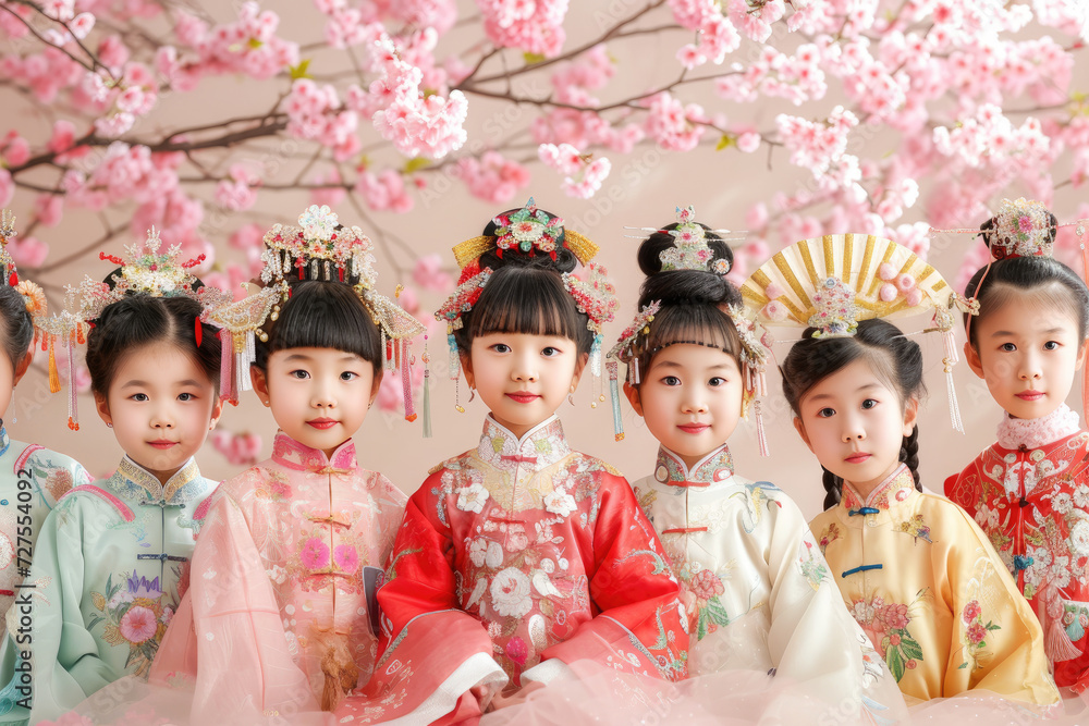 portrait of Chinese kids in traditional costume, cherry blossom ...