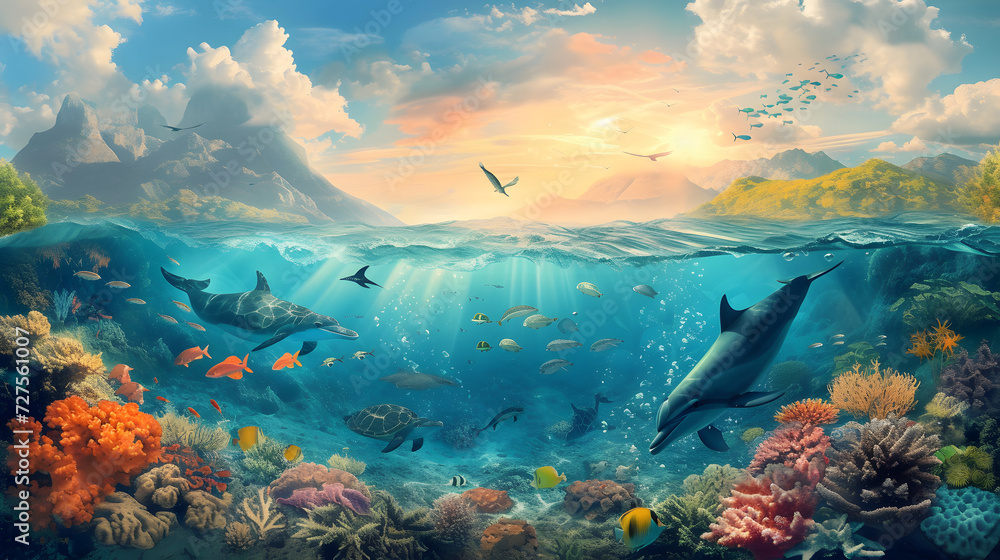 Half image under the sea with sky, under the sea with dolphins and sea turtles and corals, sky ...