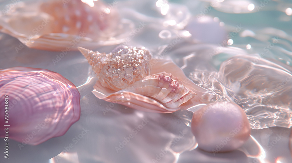 pink shells floating in a pool of water, in the style y2k aesthetic ...