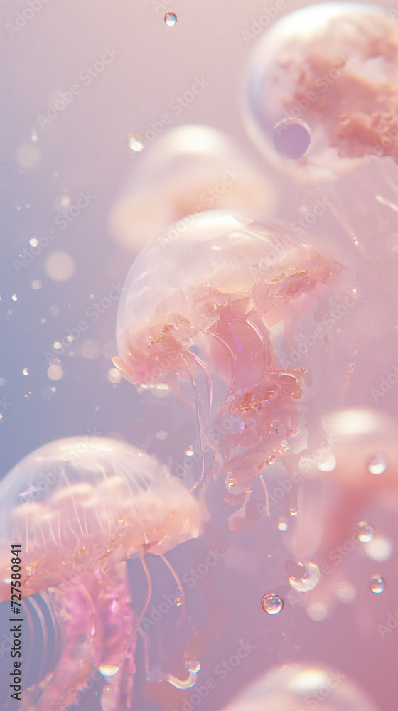 YY2k style pearl and Transparent crystal jellyfish floating in a pool ...