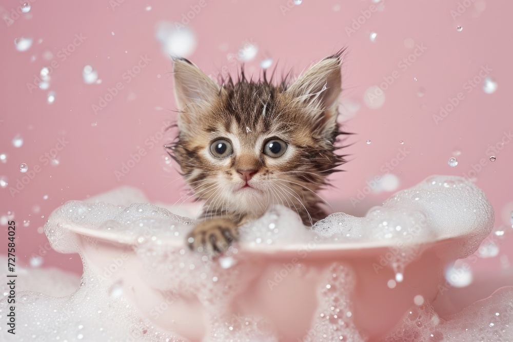 Tabby Kitten Taking A Bubble Bath, Adorable Family Friendly Photography ...