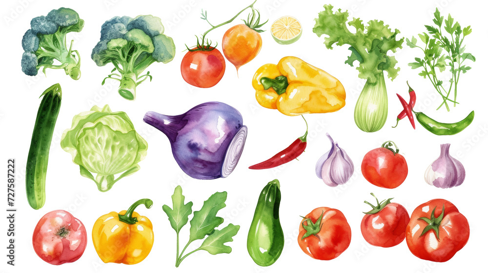 Watercolor painted hand-drawn collection vegetables and fruits. design ...