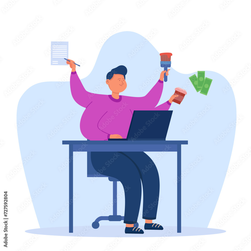 Man with many hands doing simultaneously several tasks: working on laptop, signing contract ...