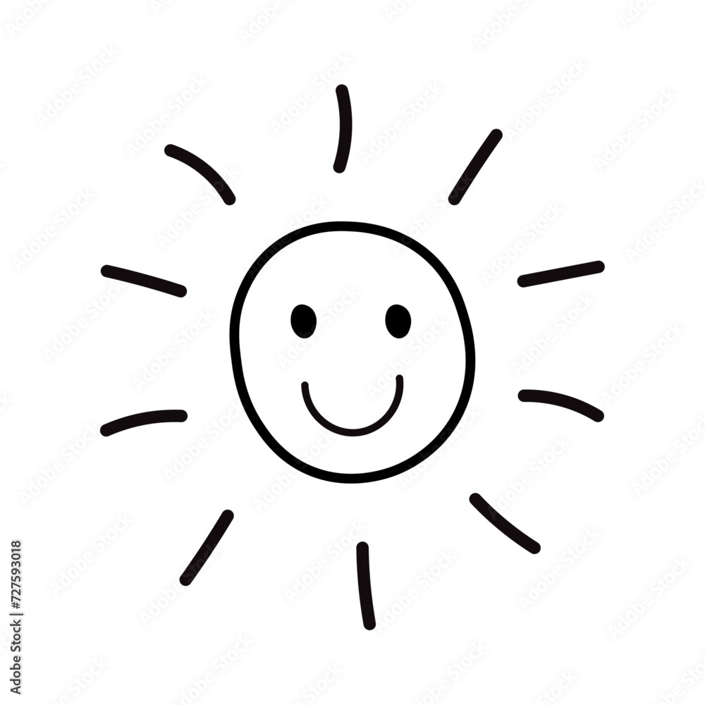 Cute cartoon hand drawn sun. Sweet vector black and white sun drawing ...