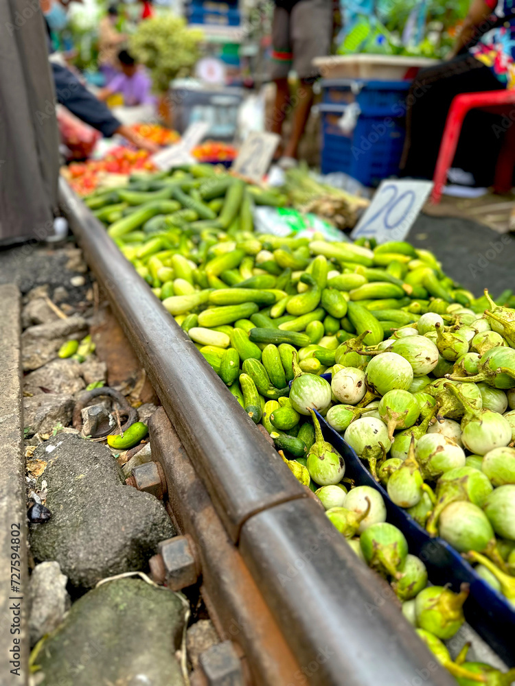 Fresh Produce Selling on the Edge of the Railway. Vegetables, Herbs ...