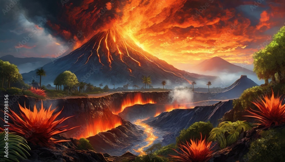 The volcano erupted and the clouds turned red and black. Magma fluid ...