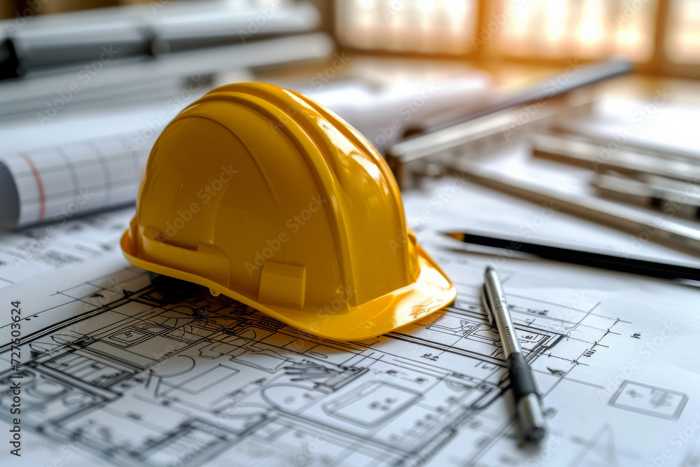 Safety Helmet on Architectural Blueprints. A close-up of a safety ...