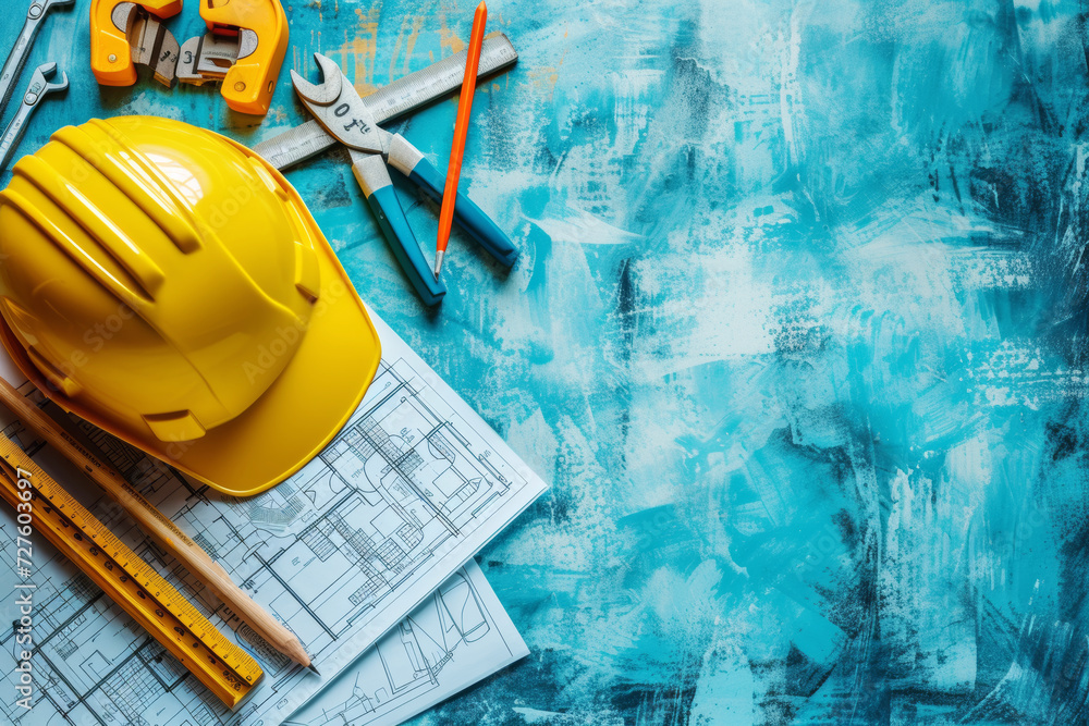 Construction Blueprints with Tools and Safety Helmet. Construction ...