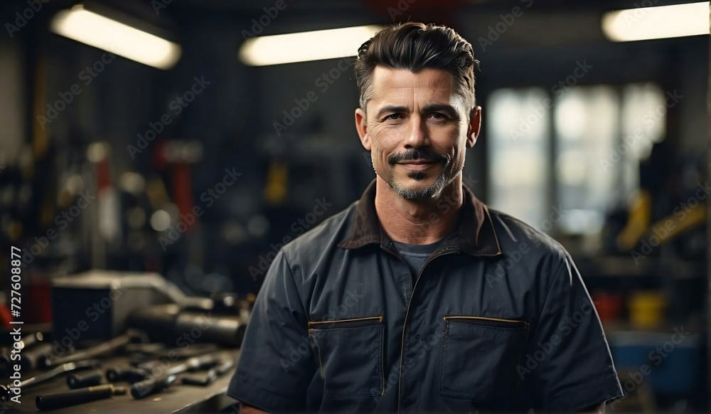 professional male mechanic model, with a workshop and space area ...