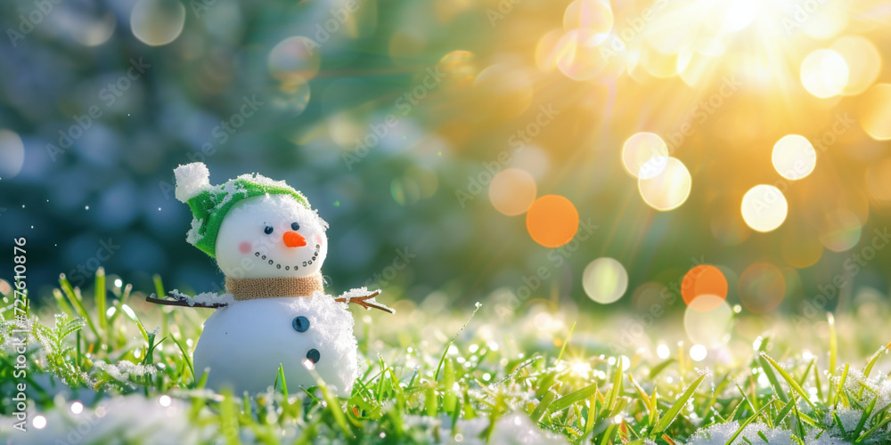 Approaching spring, warm winter, climate change concept. Happy snowma ...