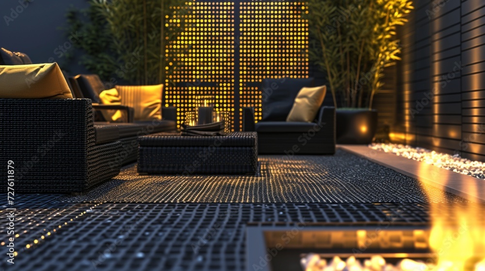 A modern black and gold outdoor patio with black wicker furniture ...