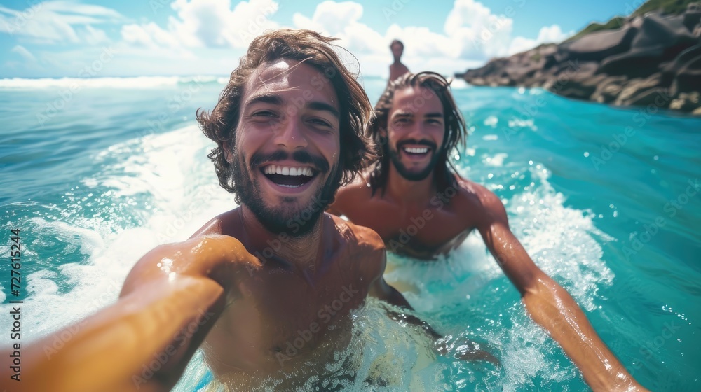Happy buddies are posing for a selfie in the sea with the backdrop of ...