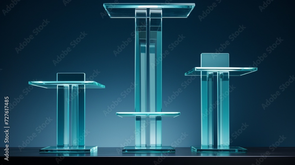 A trio of floating glass podiums forms a cascading arrangement ...