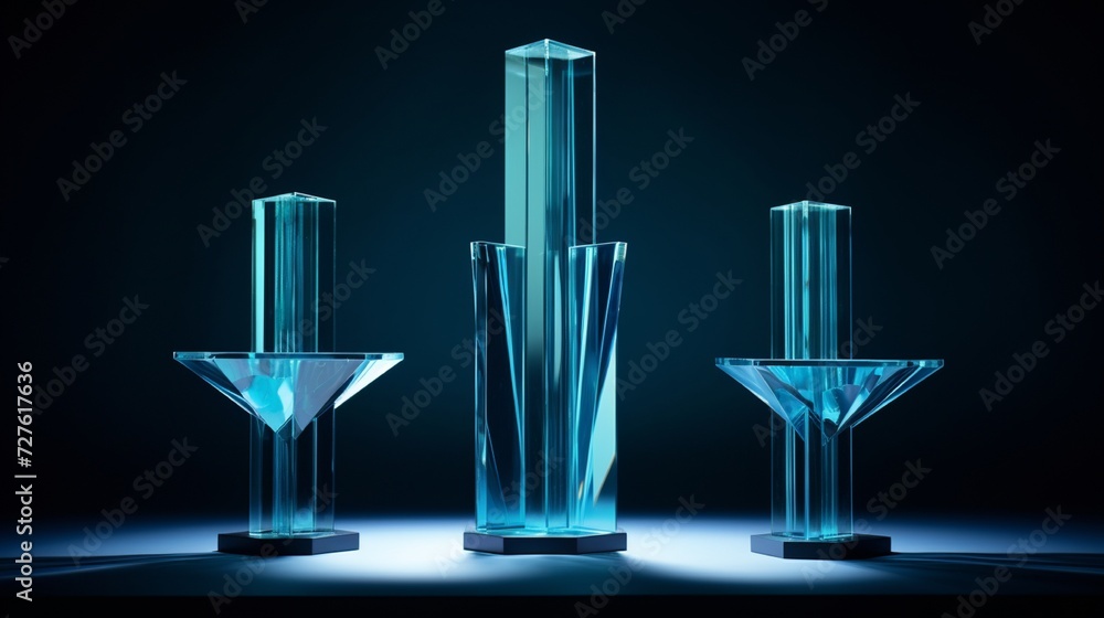 A trio of floating glass podiums forms a cascading arrangement ...