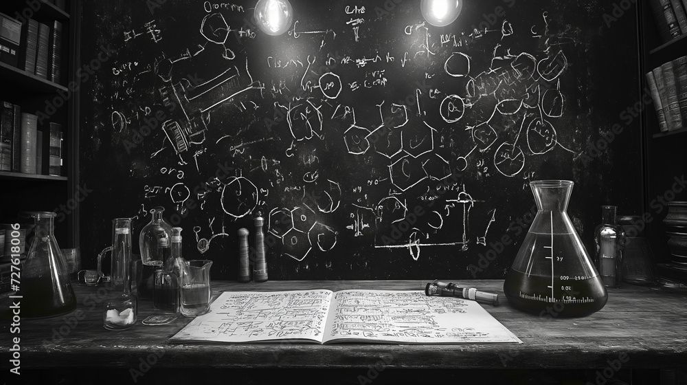Books, pickers and scientific test tubes sit on the table. Hand drawn ...