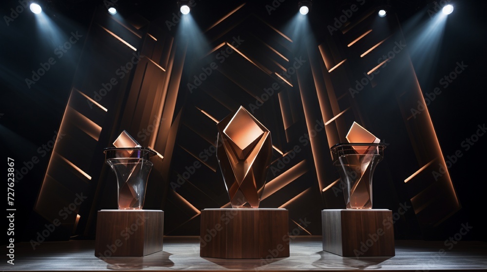 Three tiered podiums rendered in brushed bronze make a grand spectacle ...