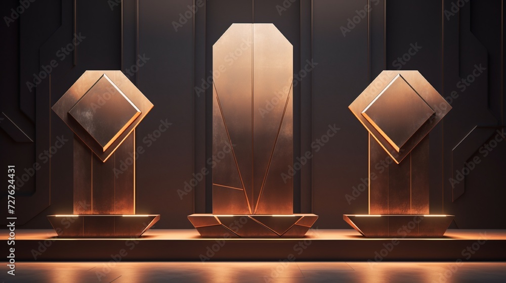 Three tiered podiums rendered in brushed bronze make a grand spectacle ...