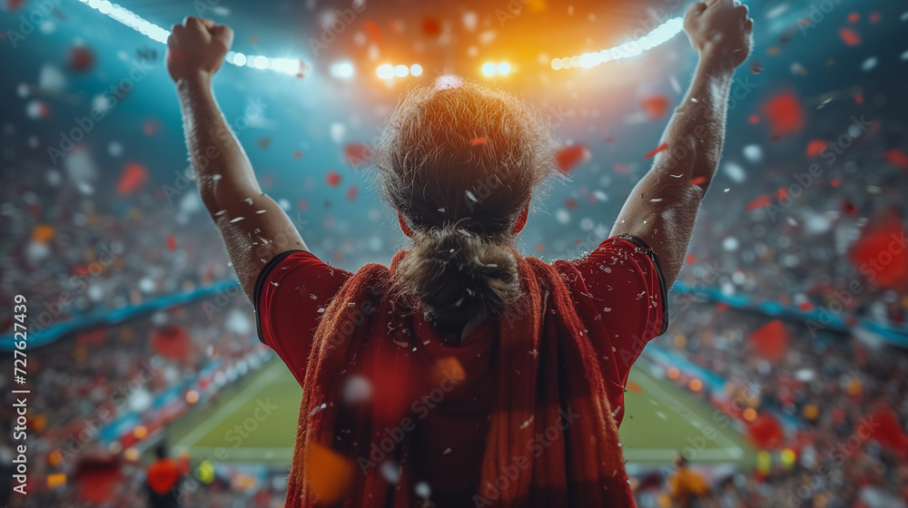 back view of a real fan with two arms raised and wildly cheering in a ...