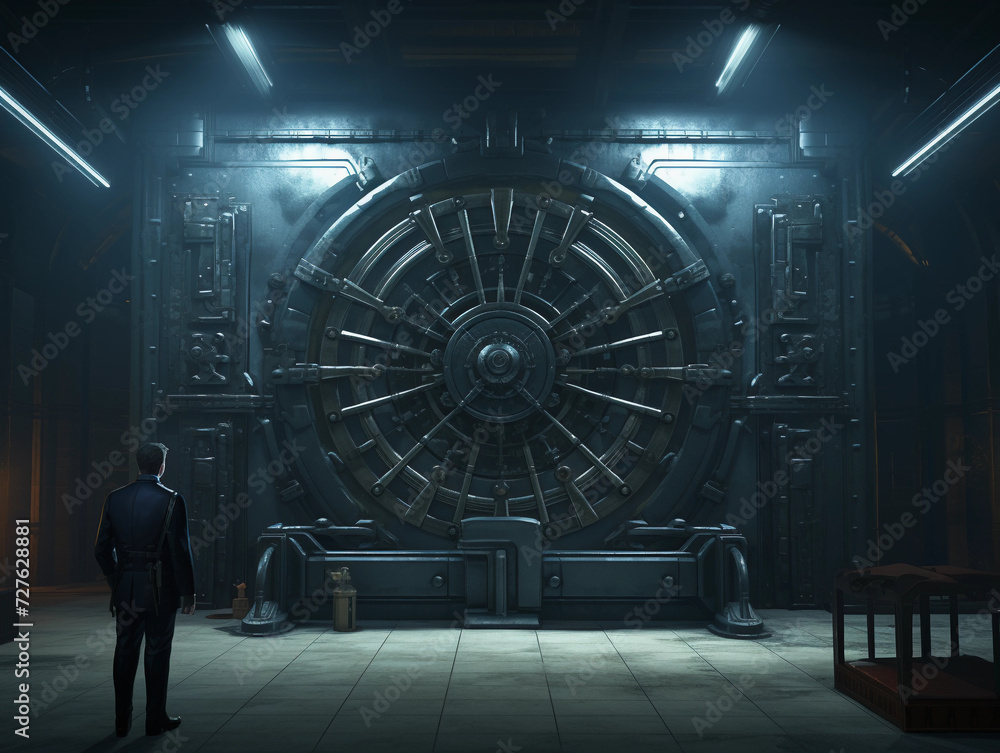 The banker stands in front of the iron door of the vault. Bank vault ...