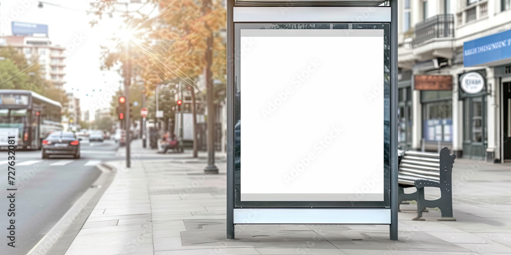 Bus stop with blank billboard, for advertising mockups and urban city ...