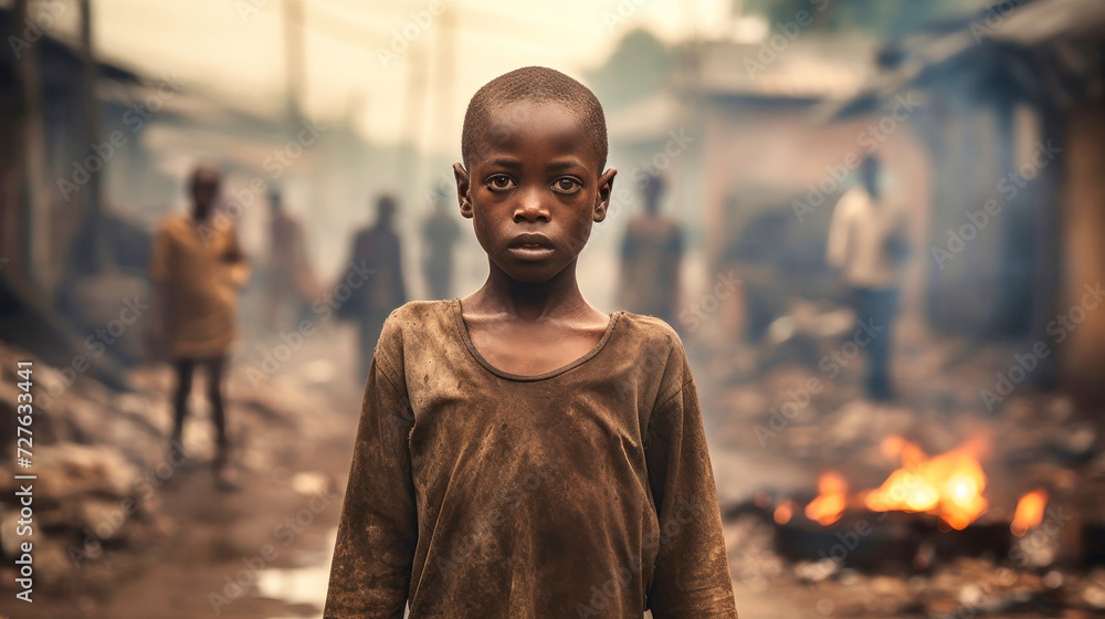 A poor little boy stands in a smoking dump on the outskirts of a slum ...
