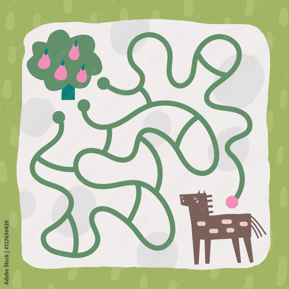 Cute farm doodle maze with horse, fruit tree, garden. Village ...