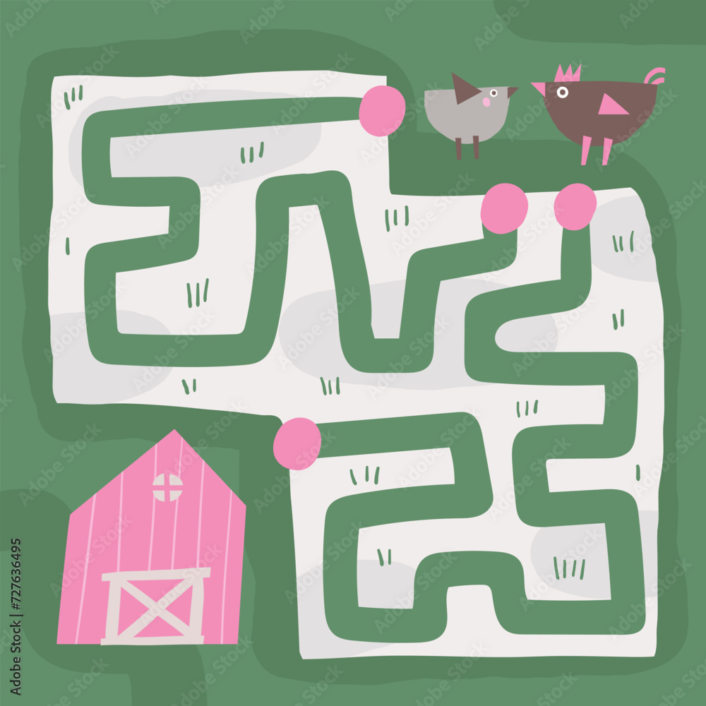 Cute farm doodle maze with chicken, rooster, barn, hen, cock. Village ...