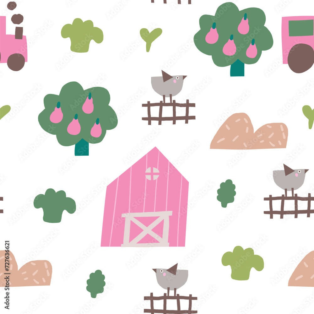 Cute farm, village, countryside theme seamless pattern. Funny hand ...
