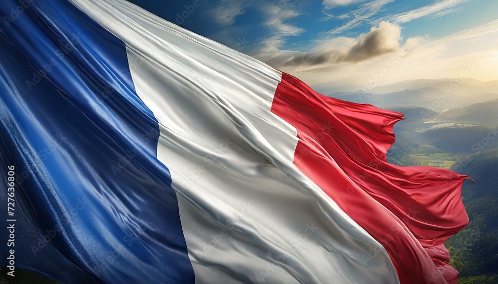 Flag of France blowing in the wind. Full page French flying flag. 3D ...