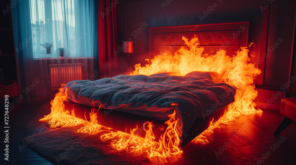 Bed with fire around it Stock Illustration | Adobe Stock