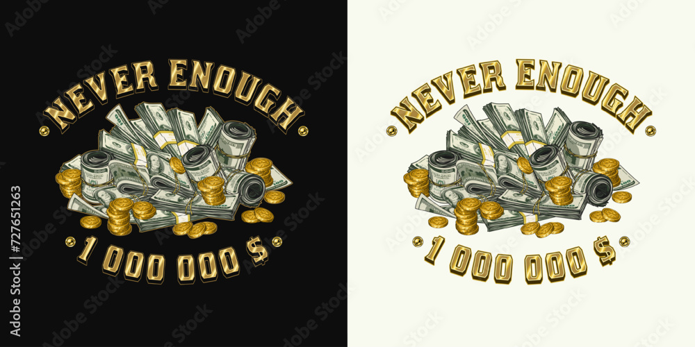 Vecteur Stock Label with pile, heap of cash money, gold coins, text ...