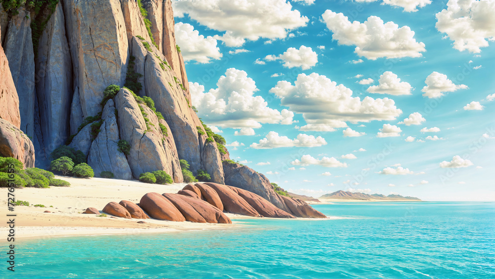 Hidden sandy beach on a remote island with towering tall rocky cliffs ...