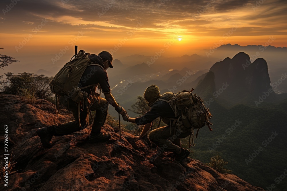 Teamwork - man helping friend reach the summit - outdoor adventure and ...