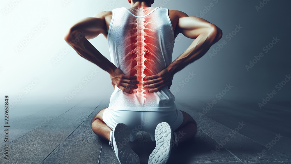 Lower back pain. A man in athletic attire sits on the ground, applies ...