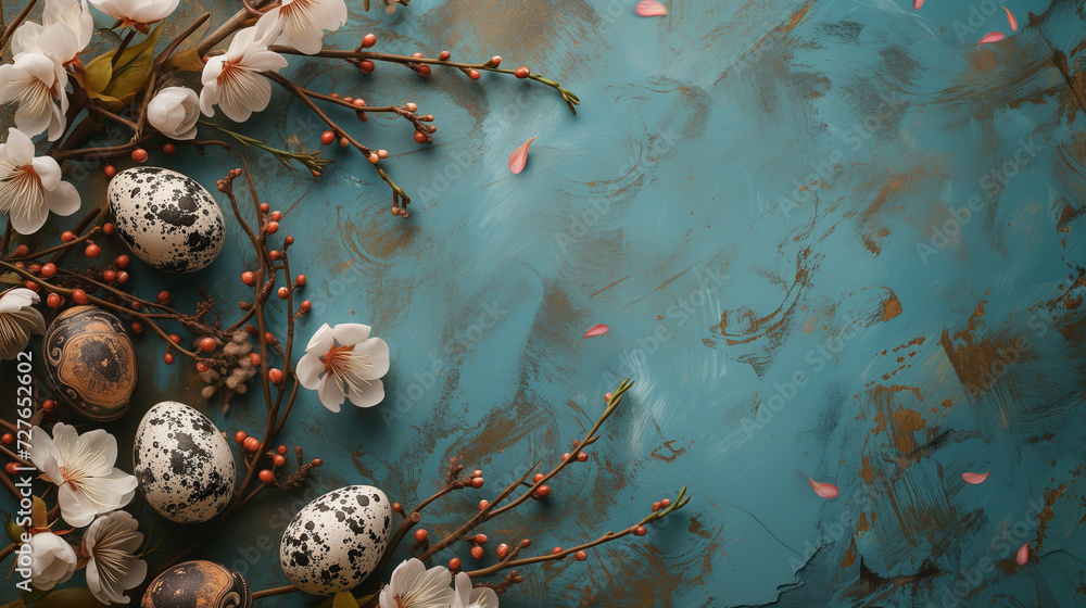 Easter eggs, flowers, and nests adorn a spring-themed illustration with ...