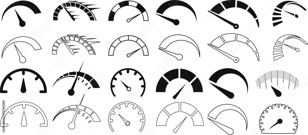 Speedometer, gauge vector collection. Black icons for speed ...