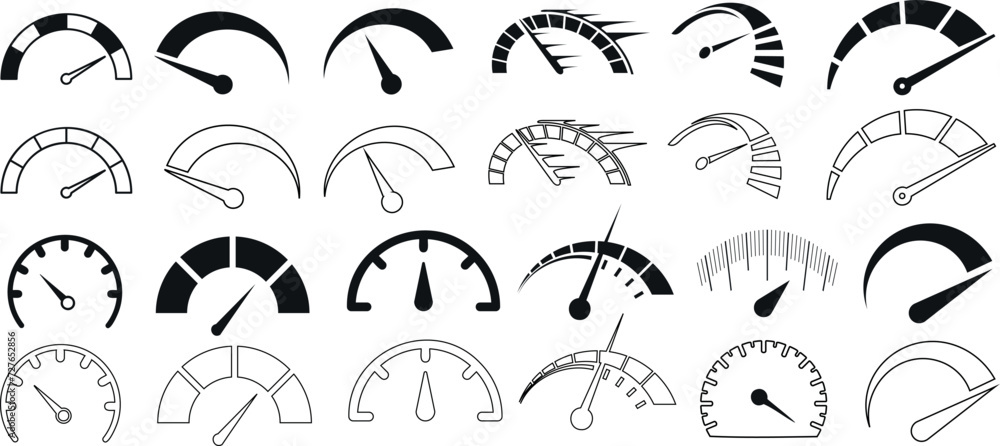 speedometer, gauge icon set Vector illustration. Black and white ...
